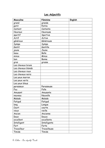 Les Adjectifs- Beginners | Teaching Resources