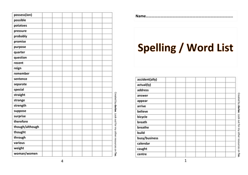 Year 3 and 4 Spelling / Word List Booklet | Teaching Resources