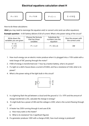 Physics 9-1 electrical power calculations | Teaching Resources