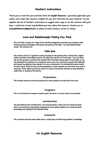 Love and Relationships Poetry Activity Fun Pack | Teaching Resources