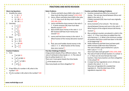 Fractions and Ratio Revision Questions | Teaching Resources
