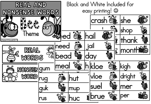 Real and Nonsense Words Bee Theme Literacy Center | Teaching Resources