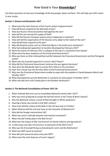 Russian Revolution to Dictatorship - Revision Questions | Teaching ...