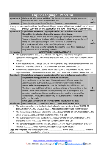 Revision tips and sentence starters for Paper 1A AQA English Language ... Revision tips and sentence starters for Paper 1A AQA English Language ...