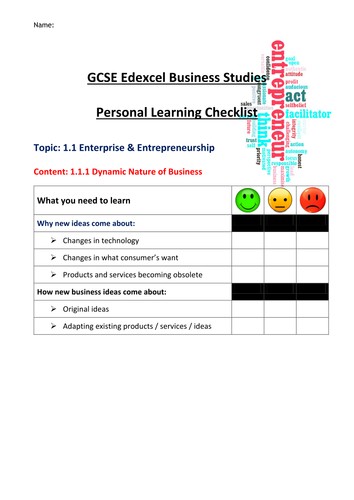 GCSE Edexcel Business 9-1 - Theme 1 Personal Learning Checklists ...