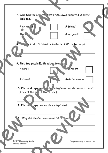 Edith Cavell - Fictional newspaper report - Comprehension - Year 2 ...