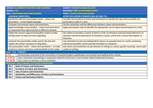 COLONS AND SEMICOLONS - PUNCTUATION: SCAFFOLDING NOTES | Teaching Resources