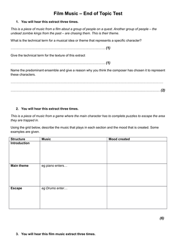 GCSE - Film Music Listening Test & Answers | Teaching Resources