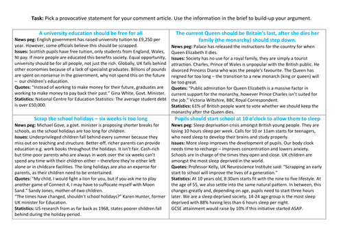 Broadsheet comment articles KS3 Y9 | Teaching Resources