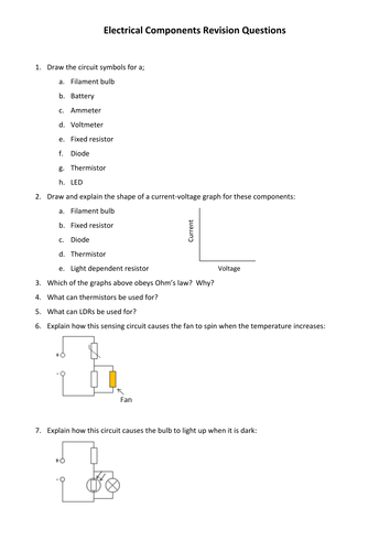 Electrical Components Revision Mat & Questions | Teaching Resources