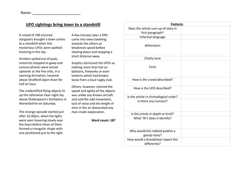 Newspapers tabloid articles KS3 Y9 with homework | Teaching Resources