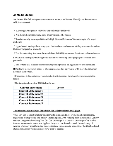 AS Media Knowledge and Application assessments | Teaching Resources