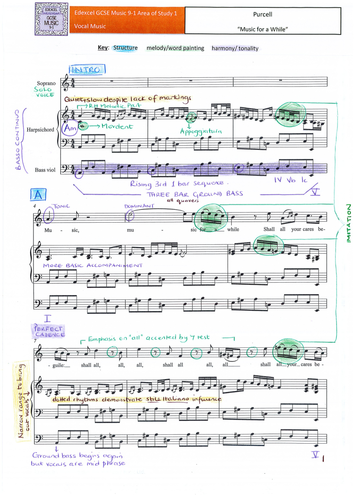 GCSE 9-1 Edexcel Music Purcell Music for a While FULL SCORE ANALYSIS | Teaching Resources