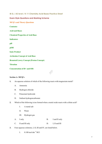Acid Bases Practice pH and Kw Questions + Ans Key Chemistry | Teaching ...