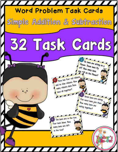 Bee Word Problem Task Cards Using Simple Addition and Subtraction ...
