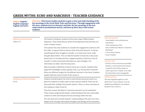 Greek Myths: Echo and Narcissus | Teaching Resources
