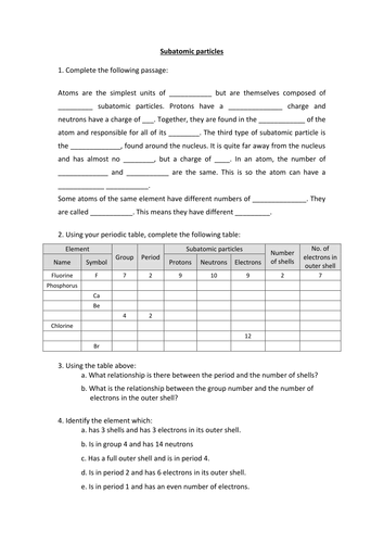 Subatomic particles and atomic structure questions / homework ...