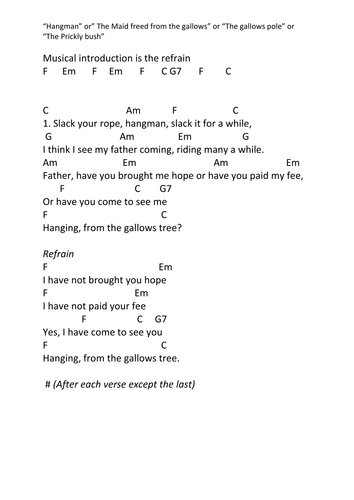 "Hangman" A traditional American folk song. | Teaching Resources