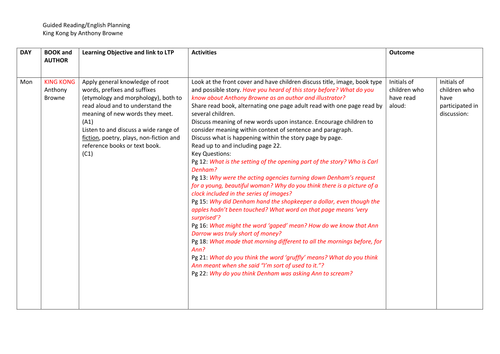 King Kong Guided Reading Year 3/4 three wk unit | Teaching Resources