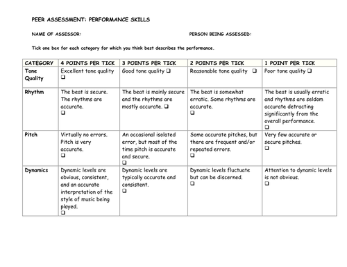 Music Performance - Peer evaluation mark sheet | Teaching Resources