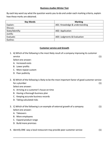GCSE Business 1-9 Topic test on Customer service and Business grwoth ...