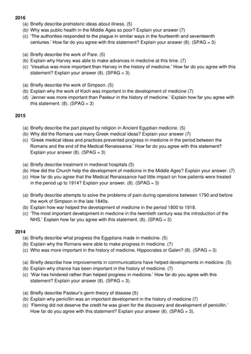 Medicine Through Time past paper questions | Teaching Resources