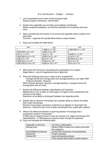 AS Biology Cell Structure Questions & Answers | Teaching Resources