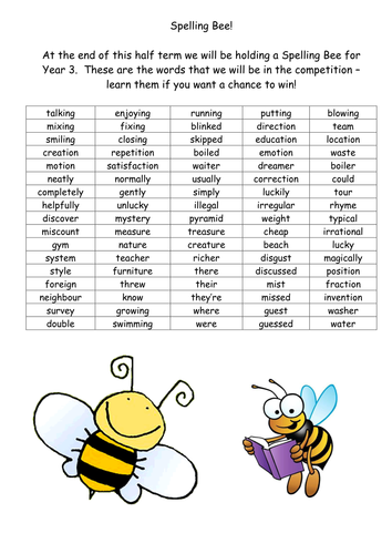 Year 3 Spelling Bee | Teaching Resources