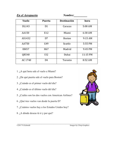 En el aeropuerto ~ Timetable Spanish Worksheet ~ Telling time ~ Decir ...
