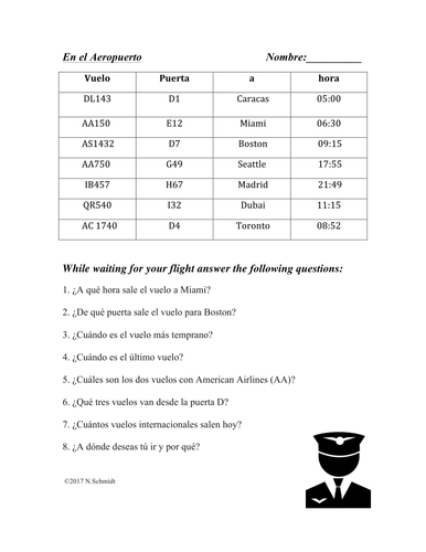 En el aeropuerto ~ Timetable Spanish Worksheet ~ Telling time ~ Decir ...