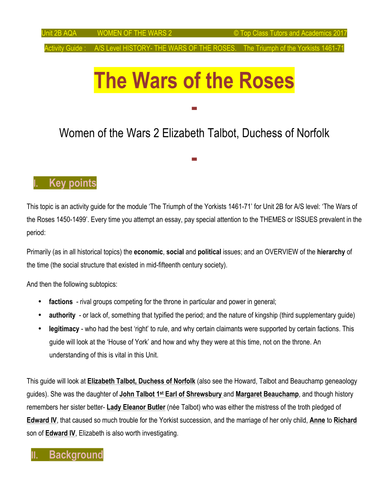 HISTORY A LEVEL THE WARS OF THE ROSES: Women of the Wars II Elizabeth ...