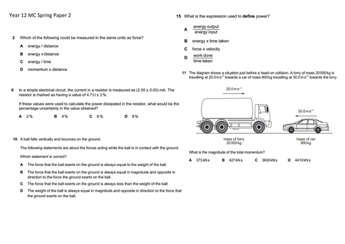 Physics AS Multiple Choice Questions OCR | Teaching Resources