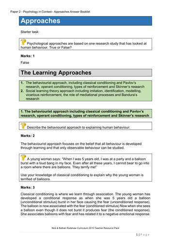 Workbook Answers - Approaches in Psychology | Teaching Resources