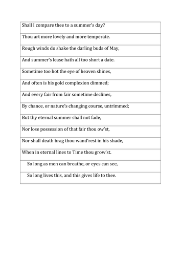 Shakespeare - 'Sonnet 18: Shall I Compare Thee' poem | Teaching Resources