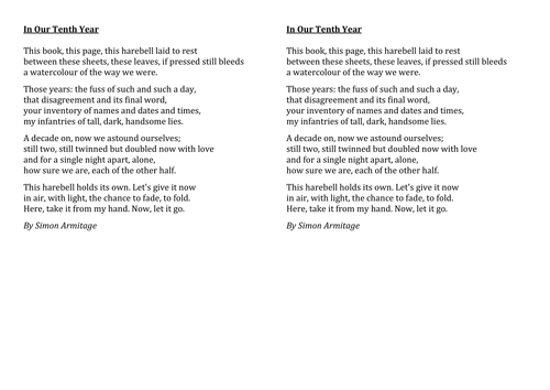 Simon Armitage Poem - 'In Our Tenth Year' | Teaching Resources