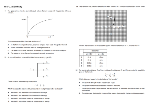 Physics A level Electricity Multiple Choice Questions OCR | Teaching ...