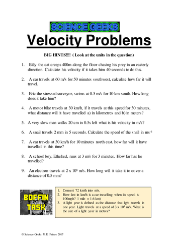 PHYSICS VELOCITY PROBLEMS | Teaching Resources