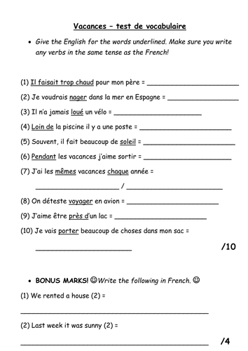Les Vacances, including tenses | Teaching Resources