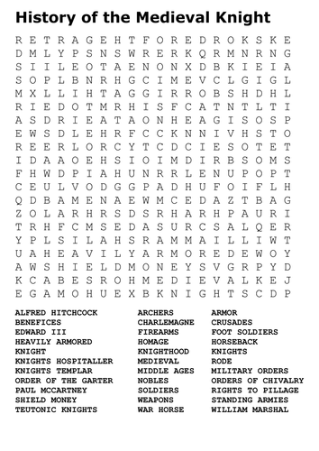 History of the Medieval Knight Word Search | Teaching Resources