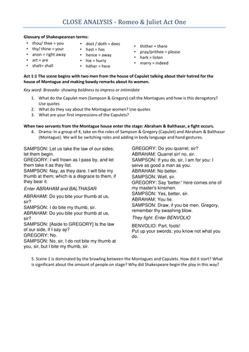 Romeo and Juliet close analysis Act 1 scenes 1, 2 & 3 | Teaching Resources