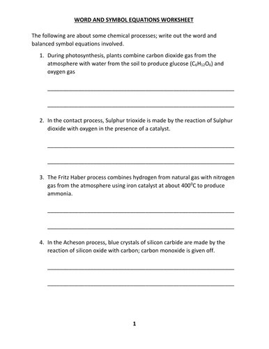 Writing Chemical Equations Worksheet Balancing Chemical Equations