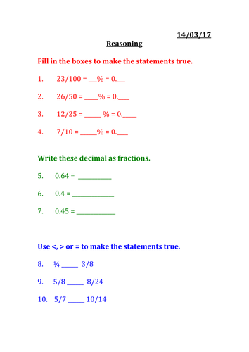 Fractions, decimals and percentages reasoning | Teaching Resources