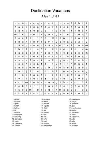 Destination Vacances Wordsearch - Allez 1 Unit 7 | Teaching Resources
