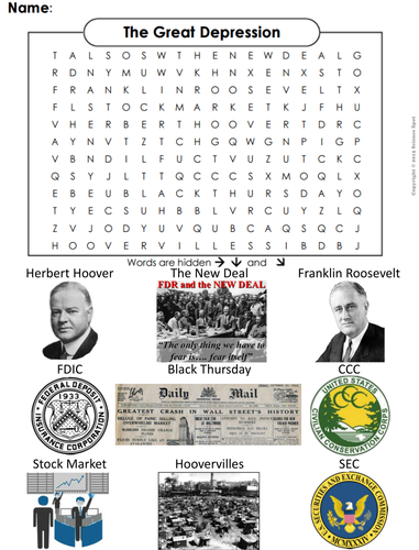 The Great Depression Worksheet/ Word Search | Teaching Resources