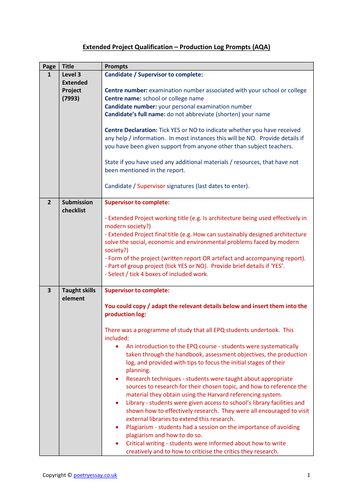 Extended Project Qualification (EPQ) – Production Log Prompts (AQA ... Extended Project Qualification (EPQ) – Production Log Prompts (AQA ...