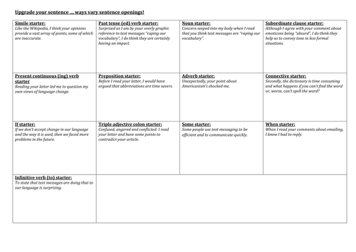 Sentence variety sheets | Teaching Resources