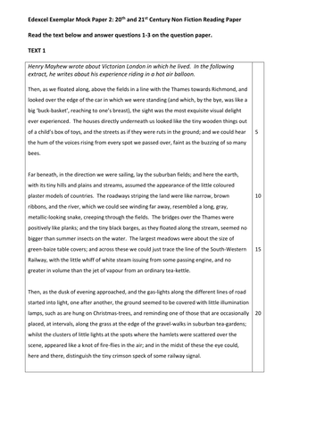 Edexcel Style 20th and 21st Century Non Fiction Reading Paper inc mark ...