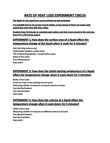 SCIENCE EXPERIMENTS - RATE OF HEAT LOSS INVESTIGATION CIRCUS | Teaching ...