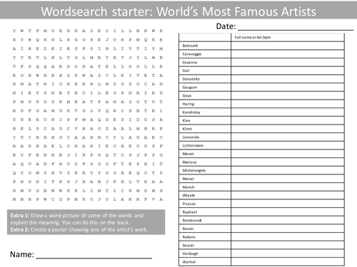 30 Art Starter Activities Art Keyword Starters KS3 GCSE Wordsearch ...