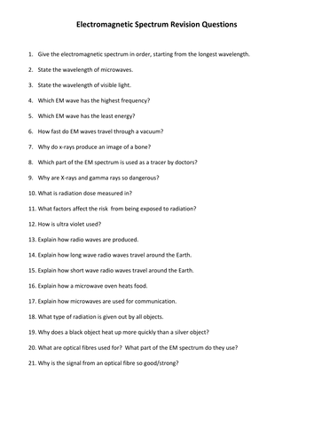 Electromagnetic Spectrum Revision Mat & Questions | Teaching Resources